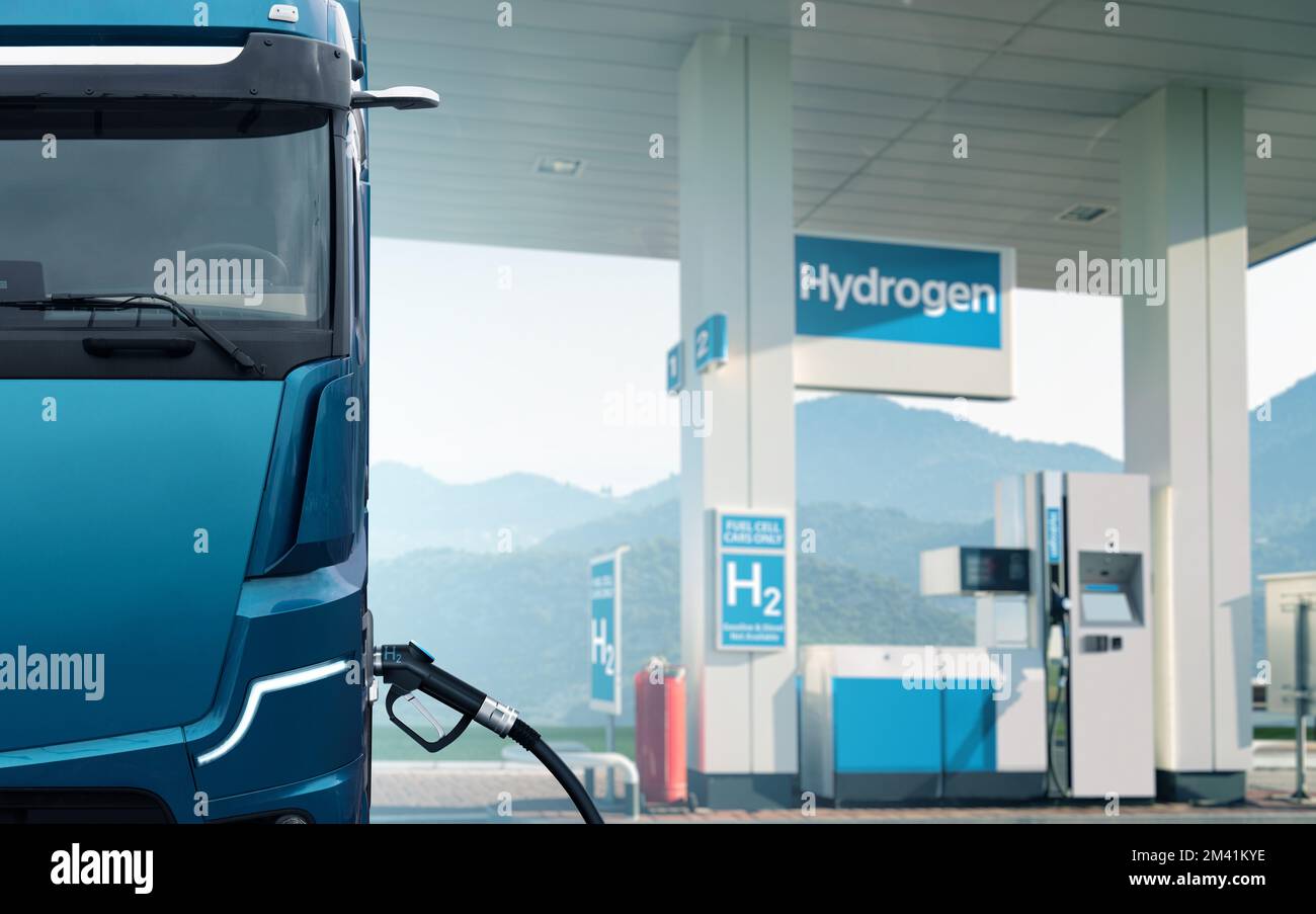 Futuristic hydrogen fuel cell truck next to filling station. Eco ...