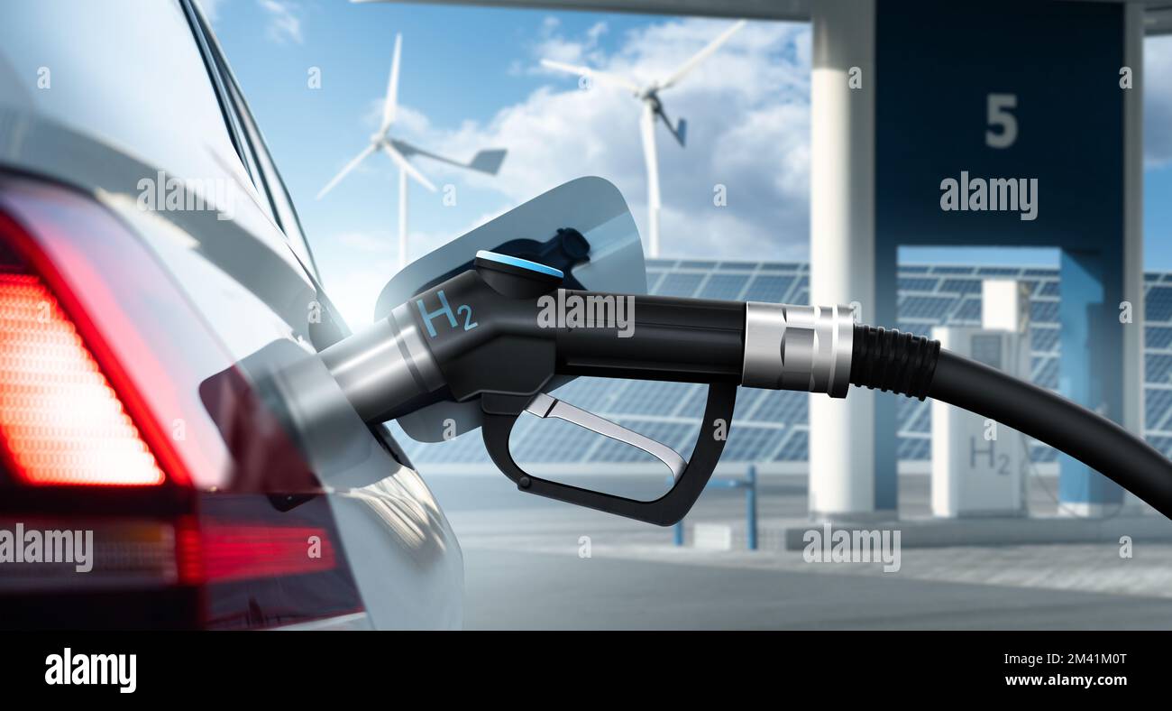 Close up of fuel cell car with connected hydrogen fueling nozzle on a ...