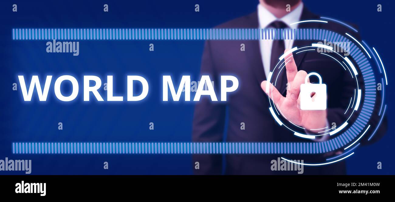 Sign Displaying World Map Word For A Diagrammatic Representation Of The Surface Of The Earth