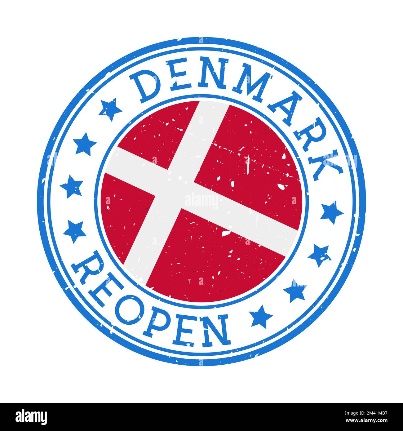 Denmark Reopening Stamp. Round badge of country with flag of Denmark ...