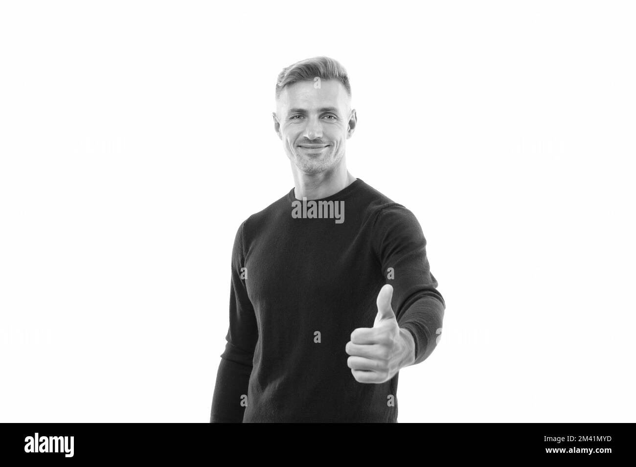 Thumbs up. Happy man give thumb sign. Handsome guy make thumb gesture ...