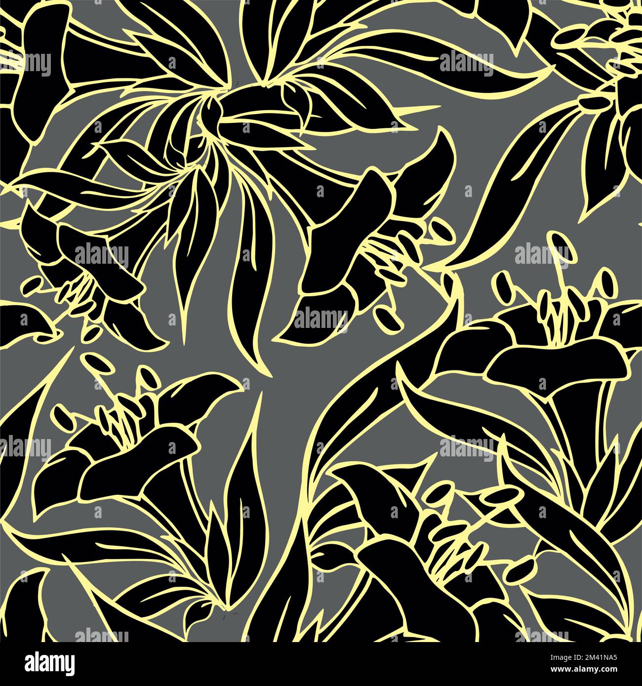seamless pattern of large black flowers with a yellow outline on a gray ...