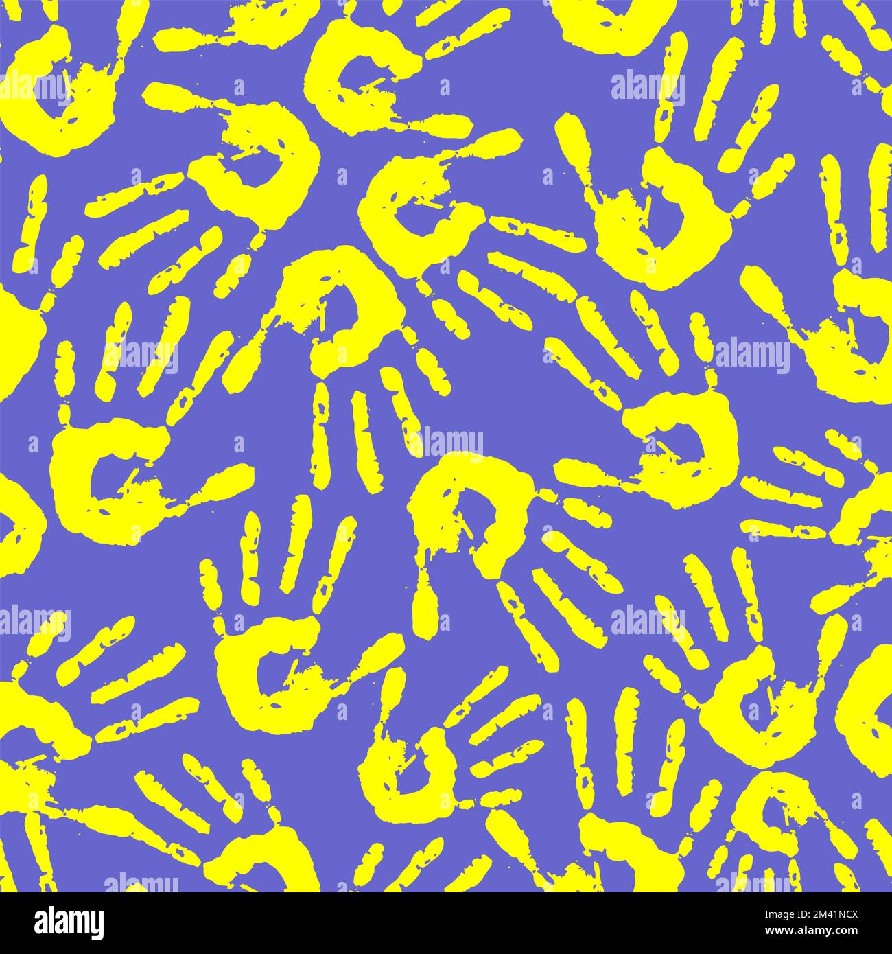 seamless pattern of yellow handprints on a blue background, texture ...