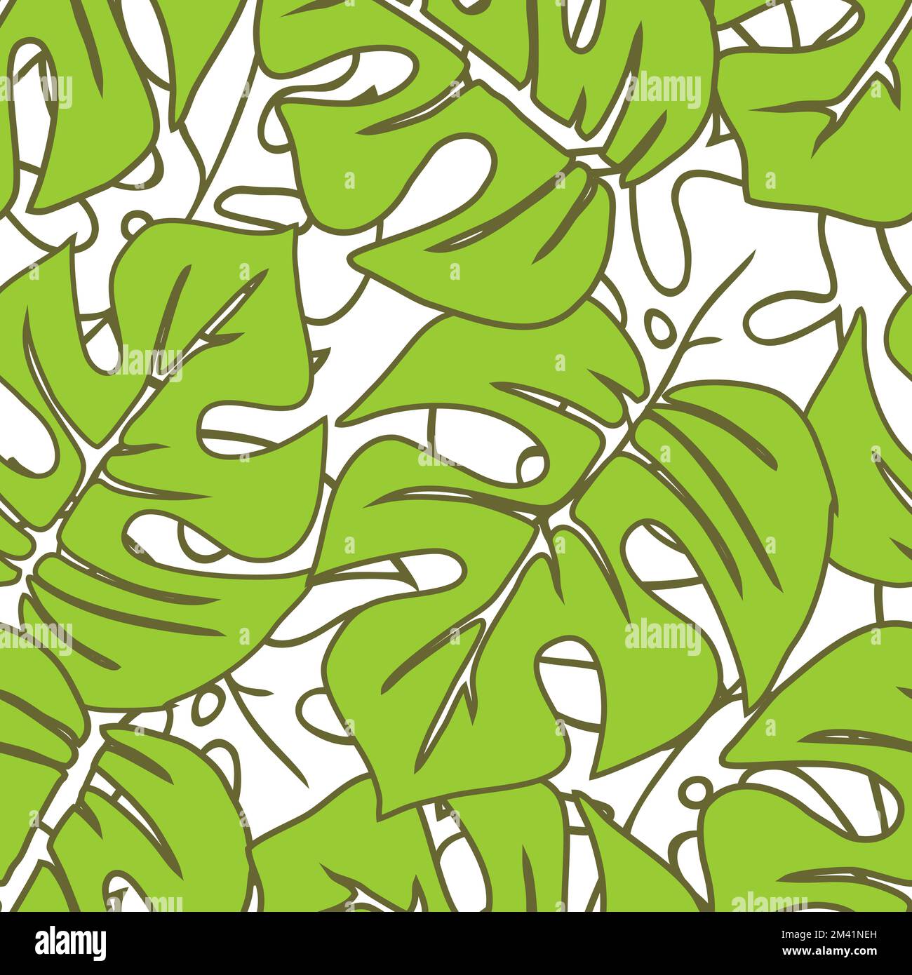 seamless asymmetric pattern of green tropical leaves on a white ...