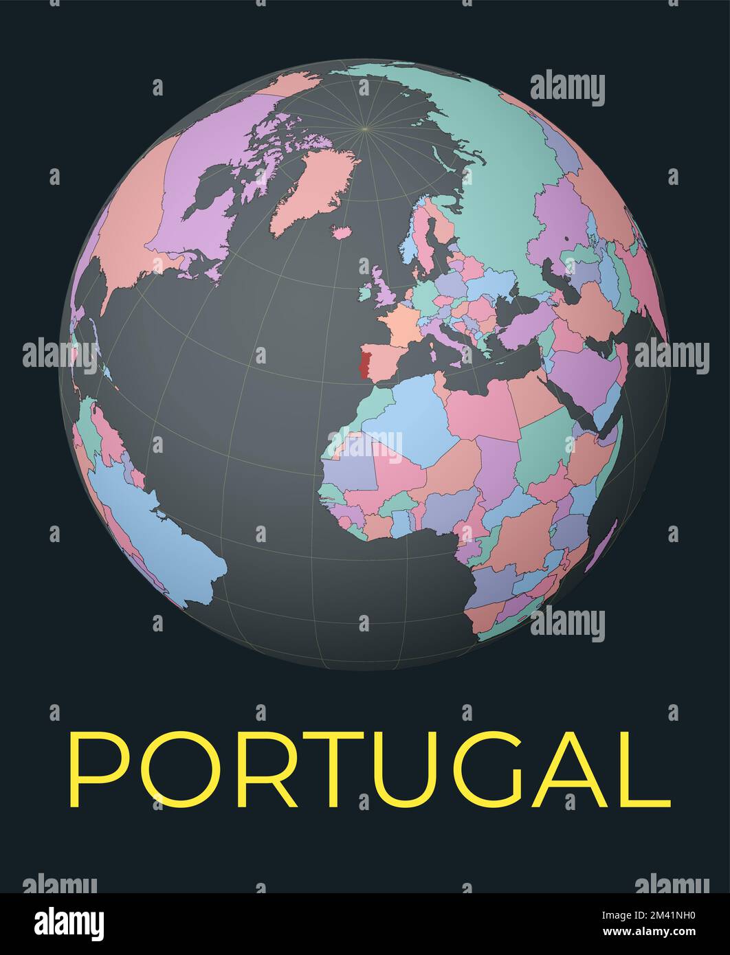 World map centered on Portugal. Red country highlighted. Satellite ...