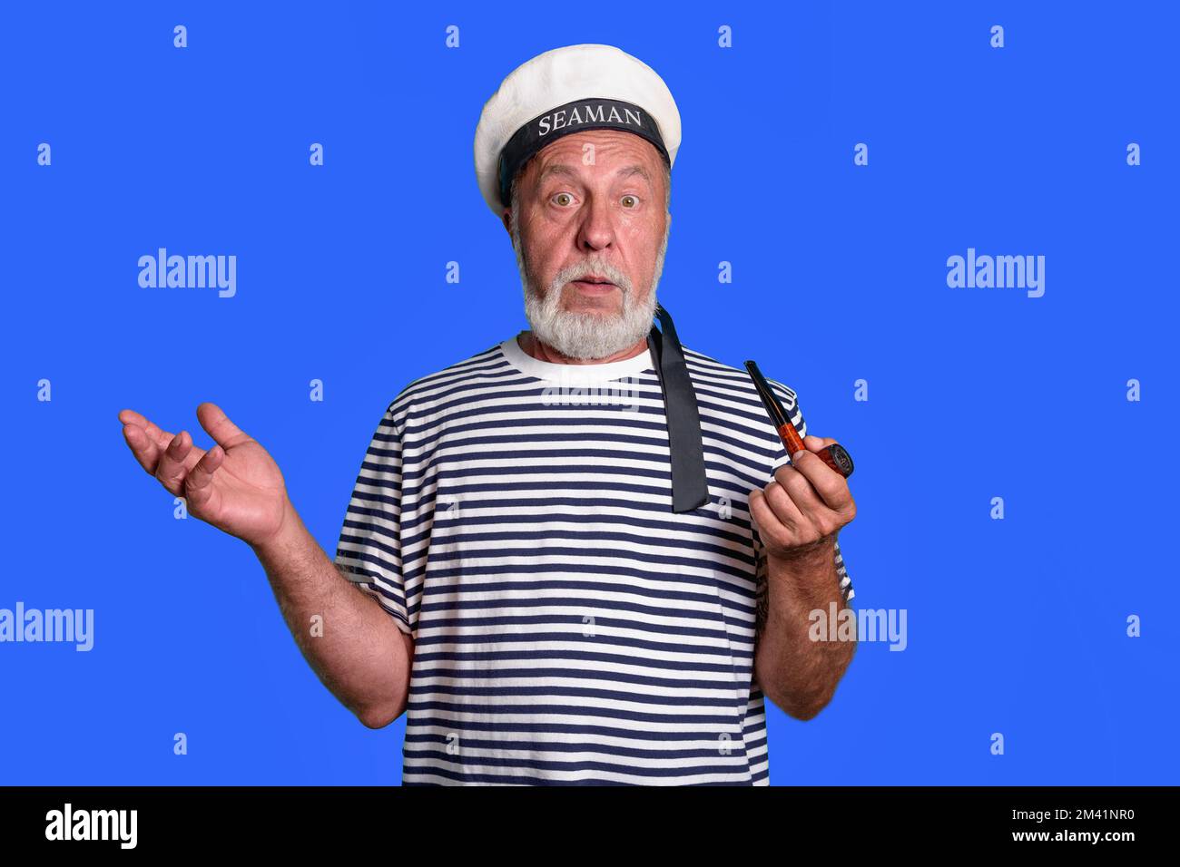 no answer - image. An old sailor with a confused look. Smoking pipe ...