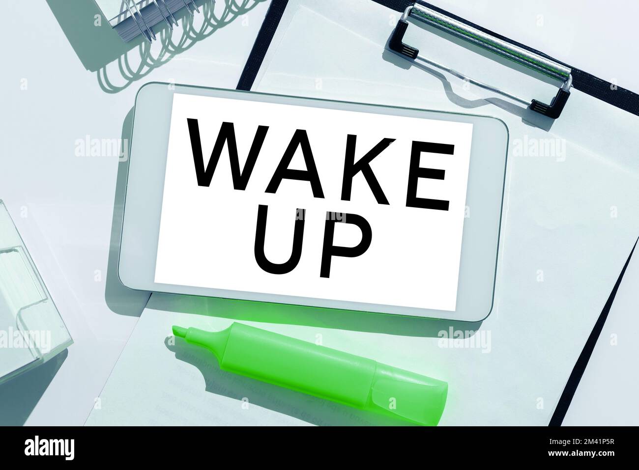 Text caption presenting Wake Up. Business idea an instance of a person ...