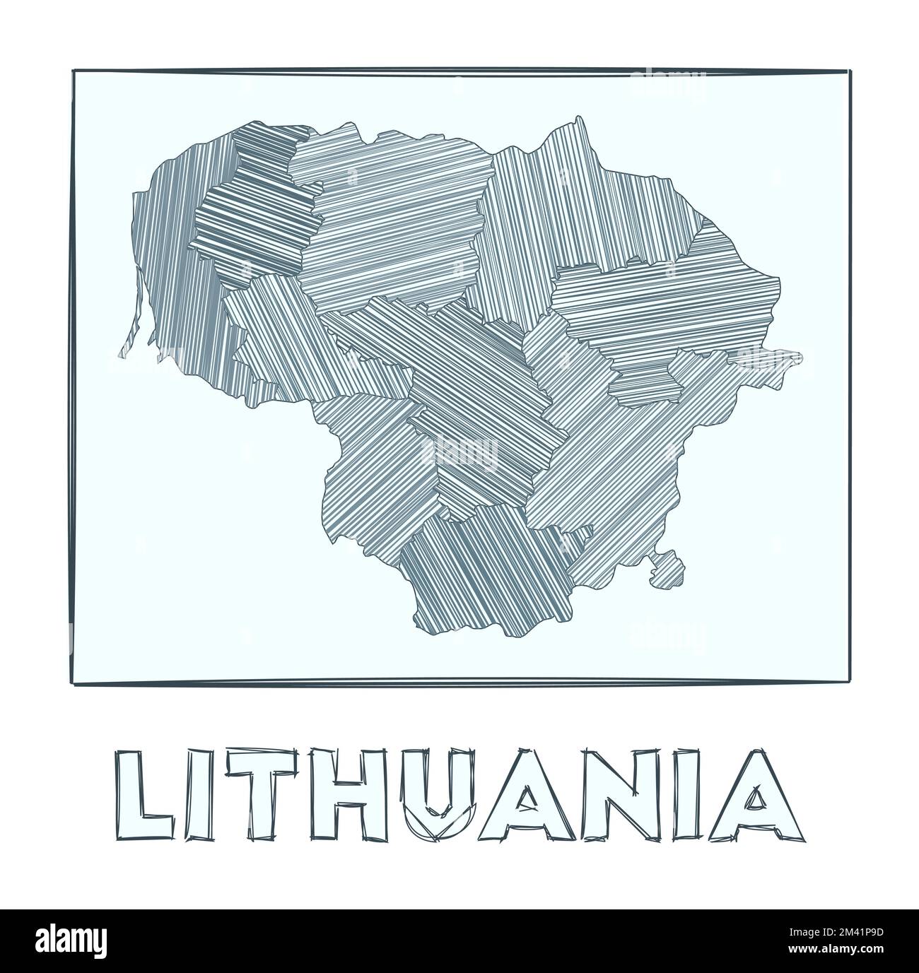 Sketch map of Lithuania. Grayscale hand-drawn map of the country. Filled regions with hachure ...