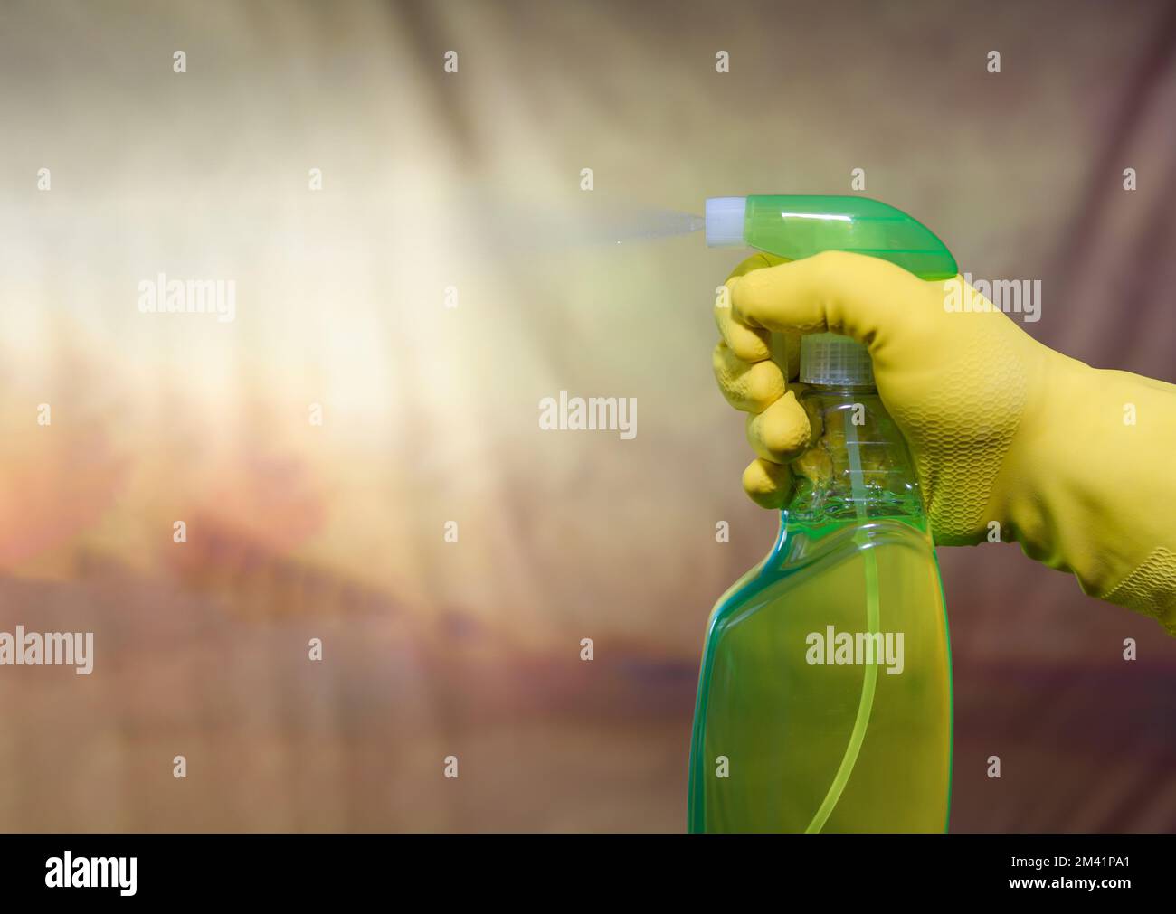 Cleaning dirty curtains with a cleaning agent. Selected focus. Hand in ...