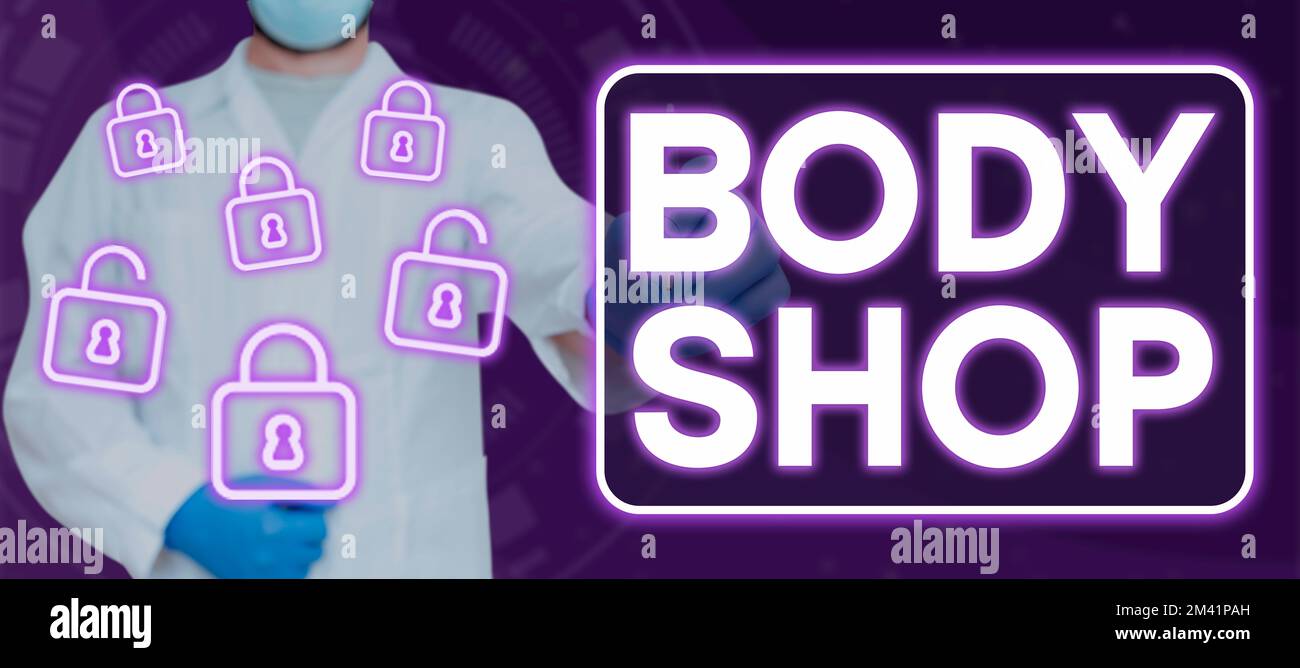 Hand writing sign Body Shop. Word for a shop where automotive bodies ...