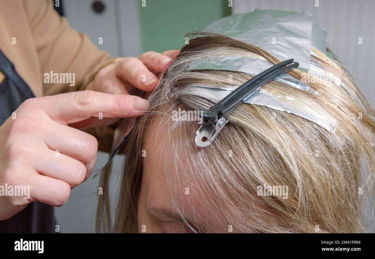 Fixing and position of hair during the dyeing process. selected focus ...