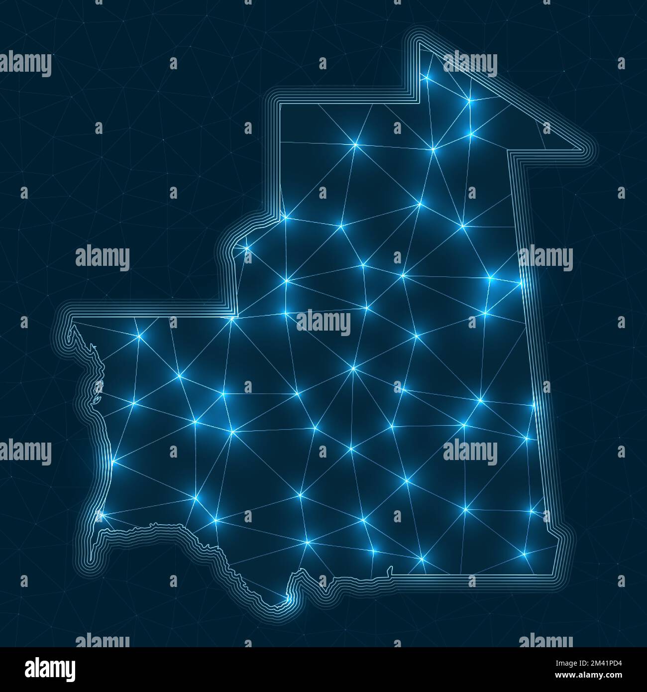 Mauritania network map. Abstract geometric map of the country. Digital connections and ...