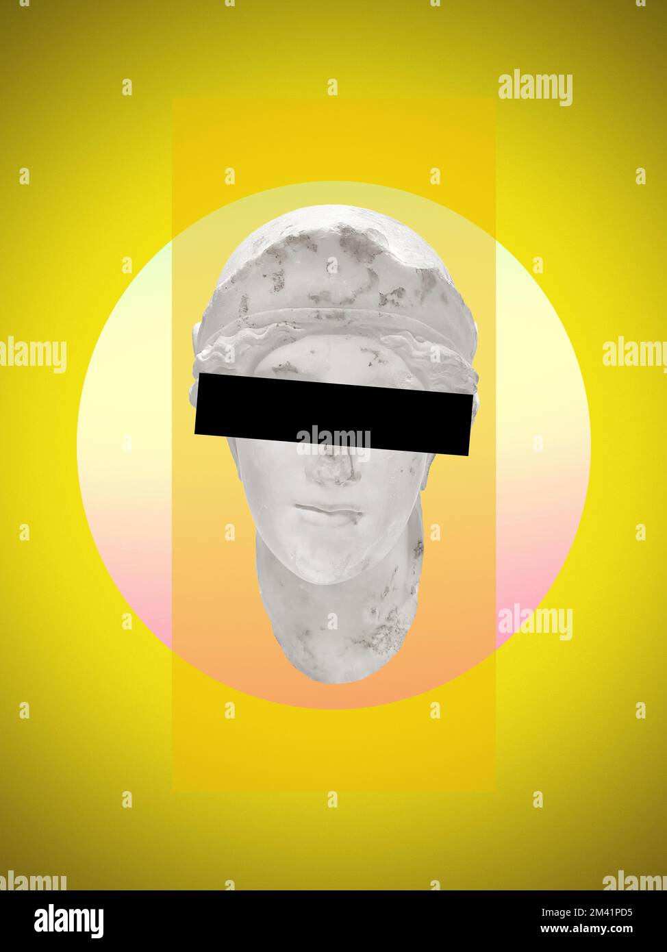 A vertical illustration of a head statue with censored eyes on the ...