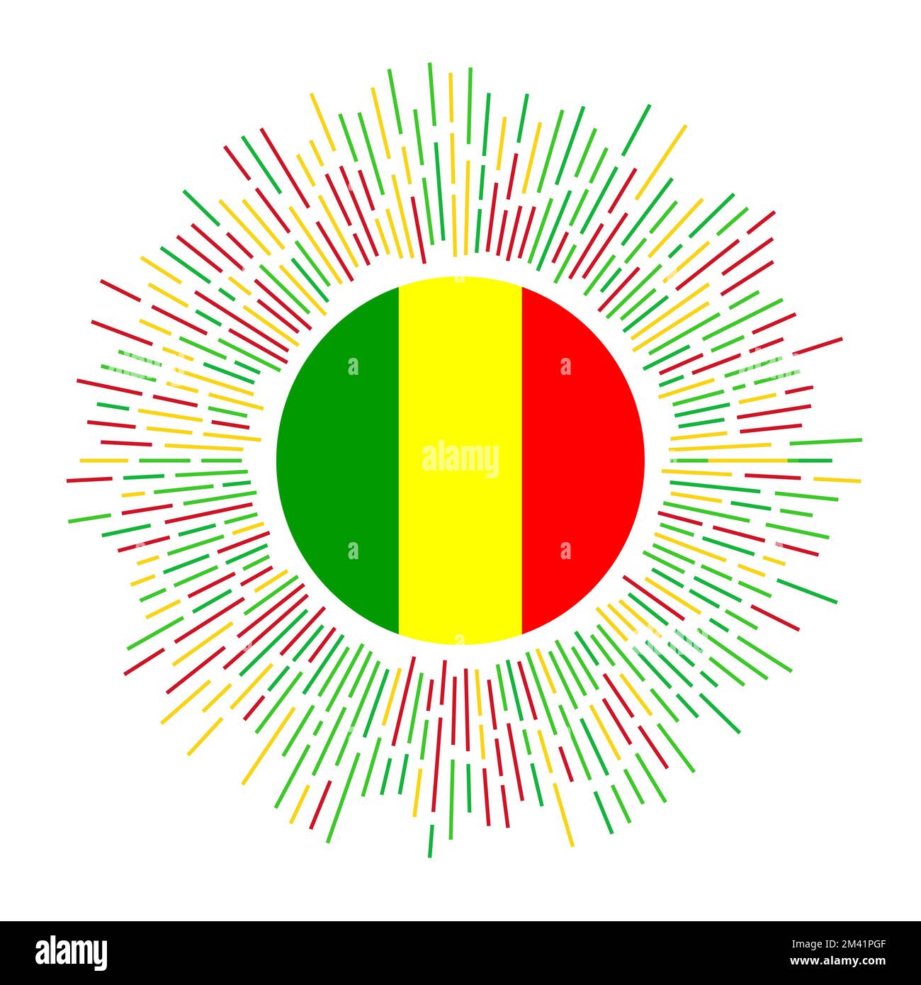 Mali sign. Country flag with colorful rays. Radiant sunburst with Mali ...