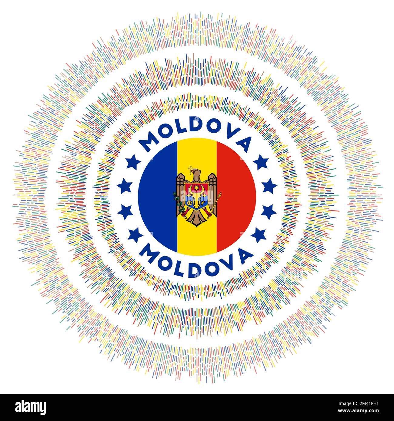 Moldova symbol. Radiant country flag with colorful rays. Shiny sunburst ...