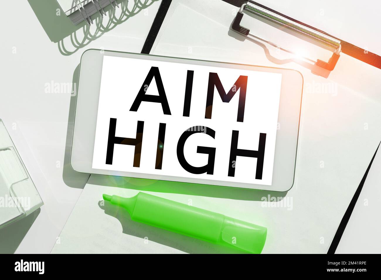 Sign displaying Aim High. Concept meaning go for best job school or ...