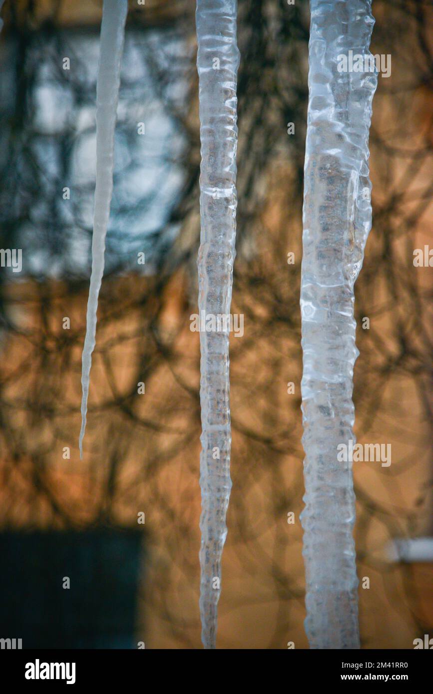 Large icicles hang from the roof of an old house. Danger of icicles ...