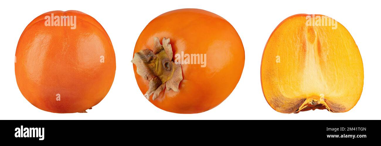 Set of persimmons. Fresh whole, half and sliced persimmon fruit ...