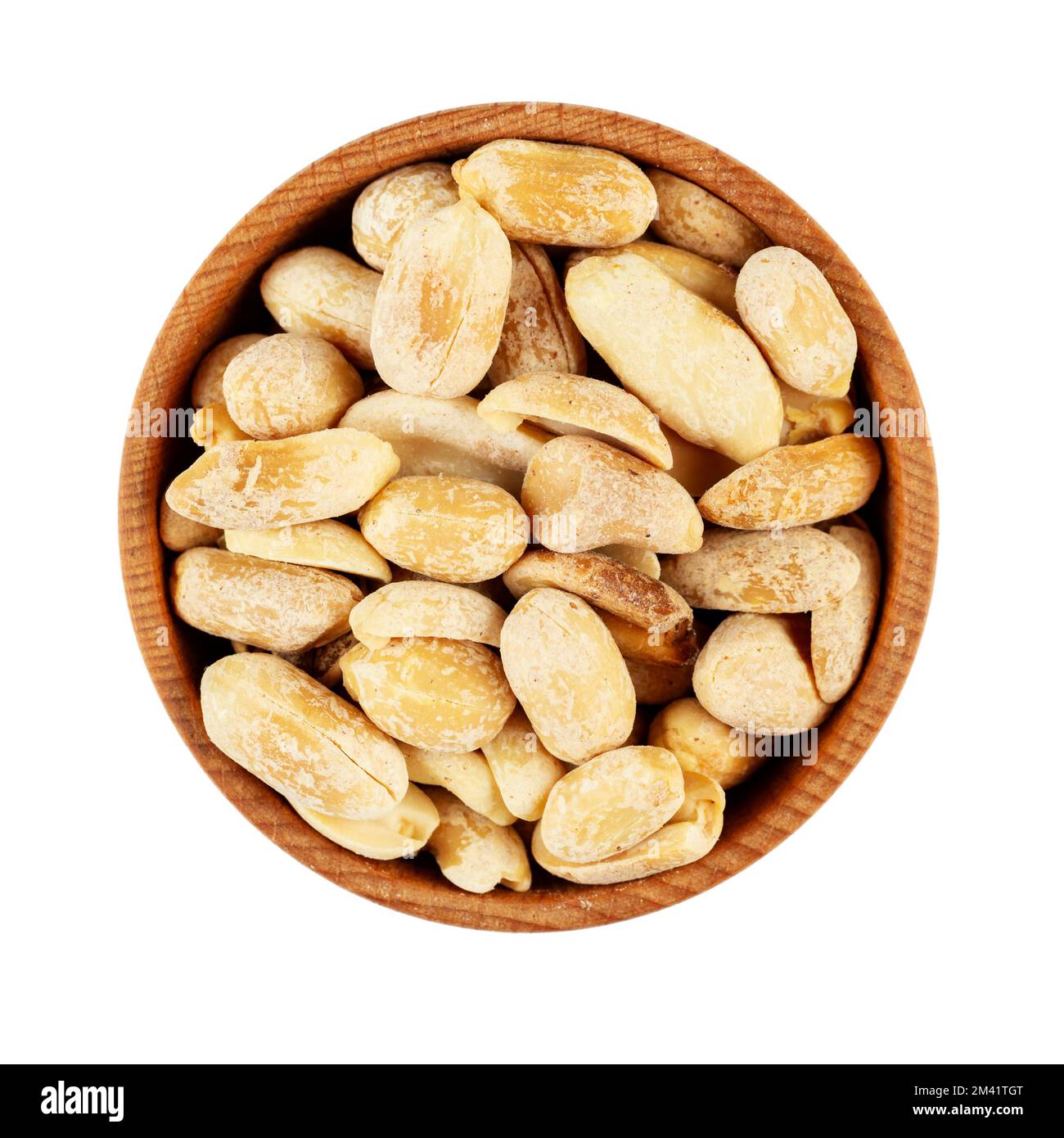 Peanuts, roasted and salted, in wooden bowl isolated on white ...