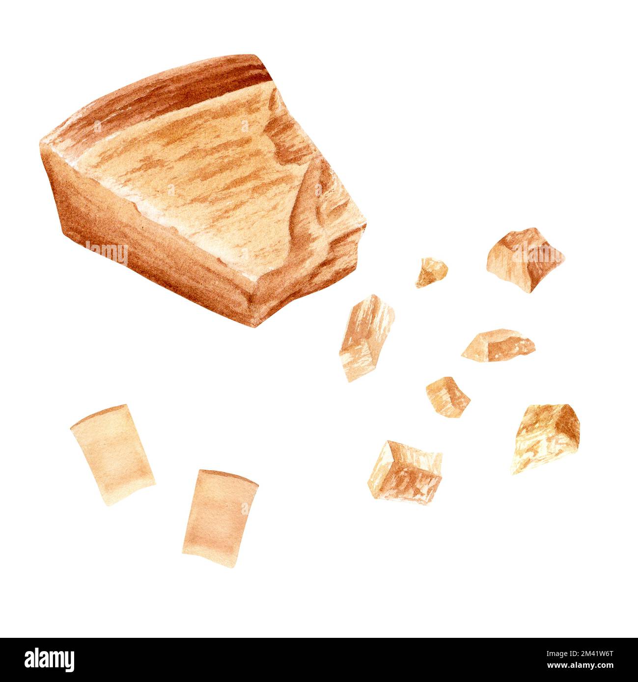 Parmesan hard cheese piece, slices and bits set. Hand drawn watercolor ...