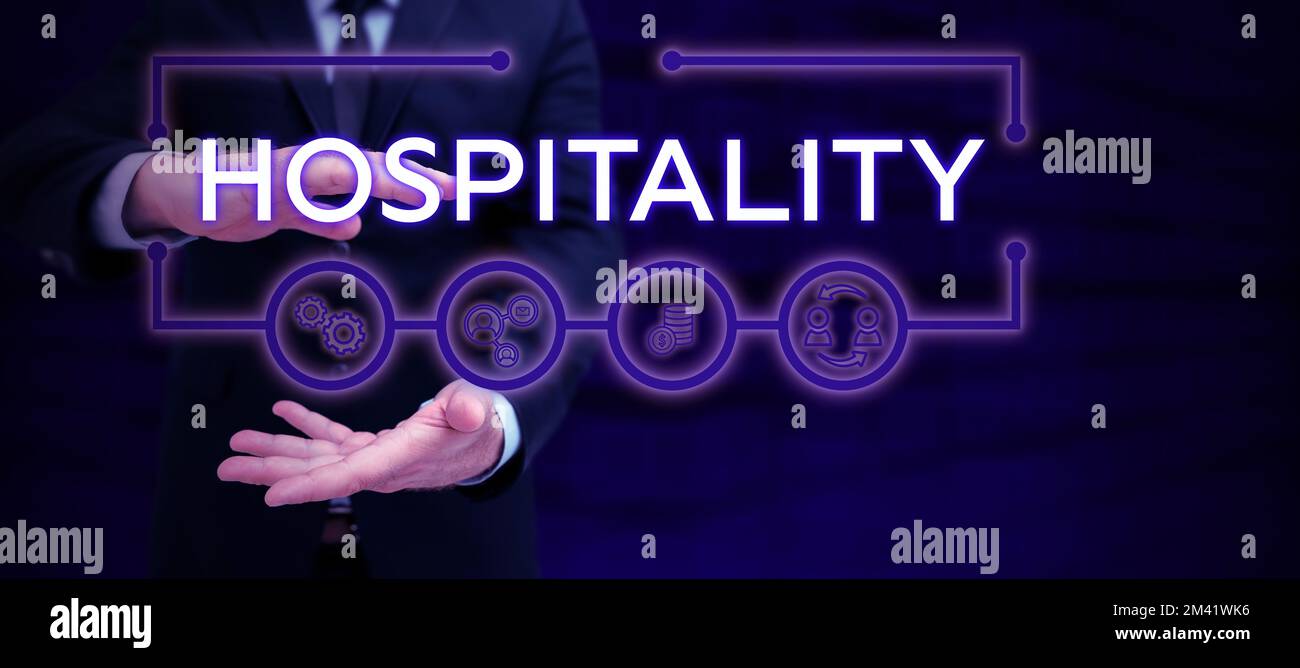 Hand writing sign Hospitality. Business idea the friendly and generous ...