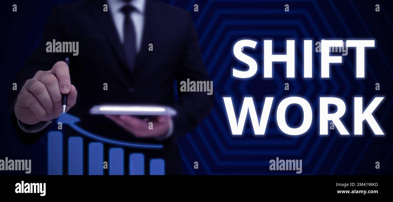 Sign displaying Shift Work. Word Written on work comprising periods in ...
