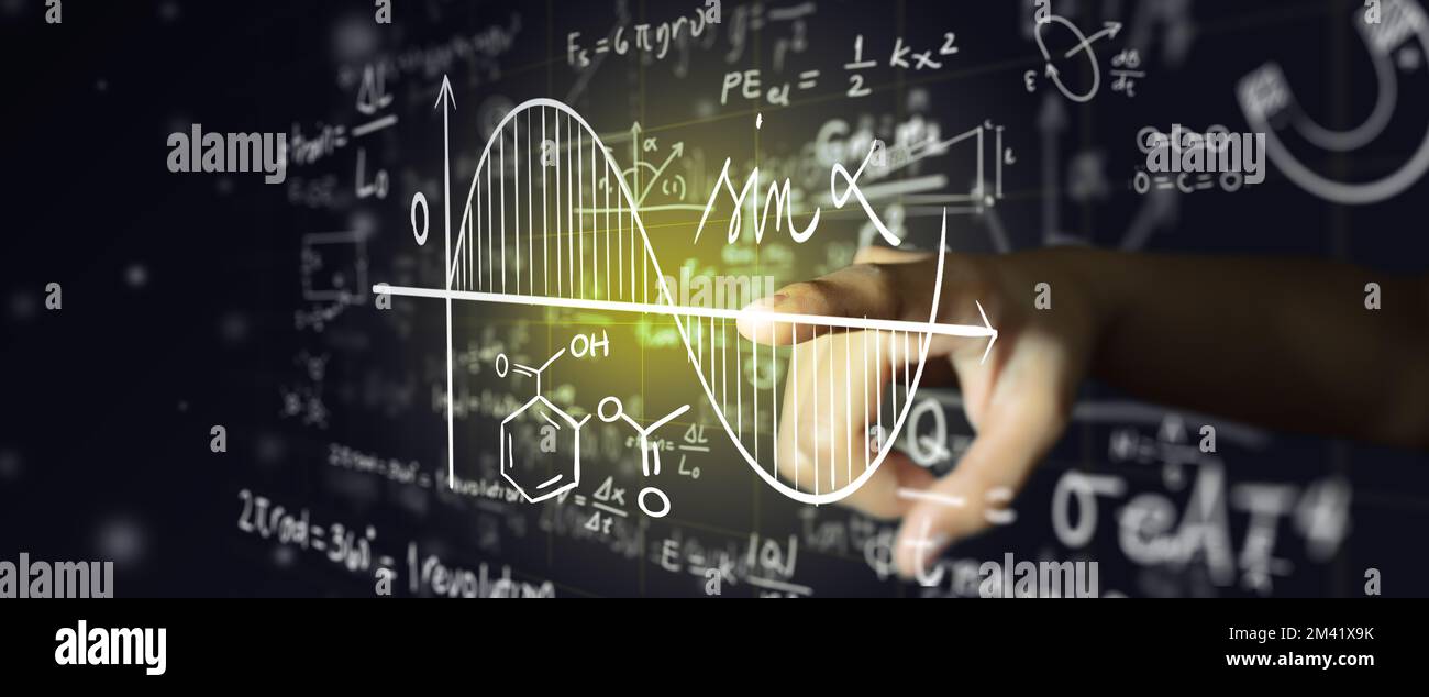 Hand On Science Formula And Math Equation Abstract Black Board