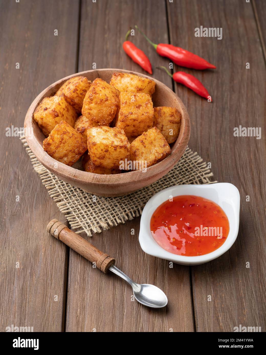 Tapioca dice, typical northeast brazilian food with chilli pepper syrup ...