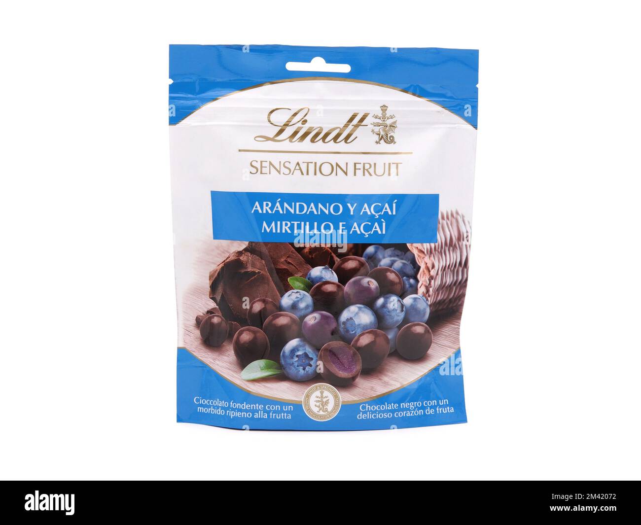 BUCHAREST, ROMANIA - FEBRUARY 25, 2020. Lindt sensation fruit blueberry ...