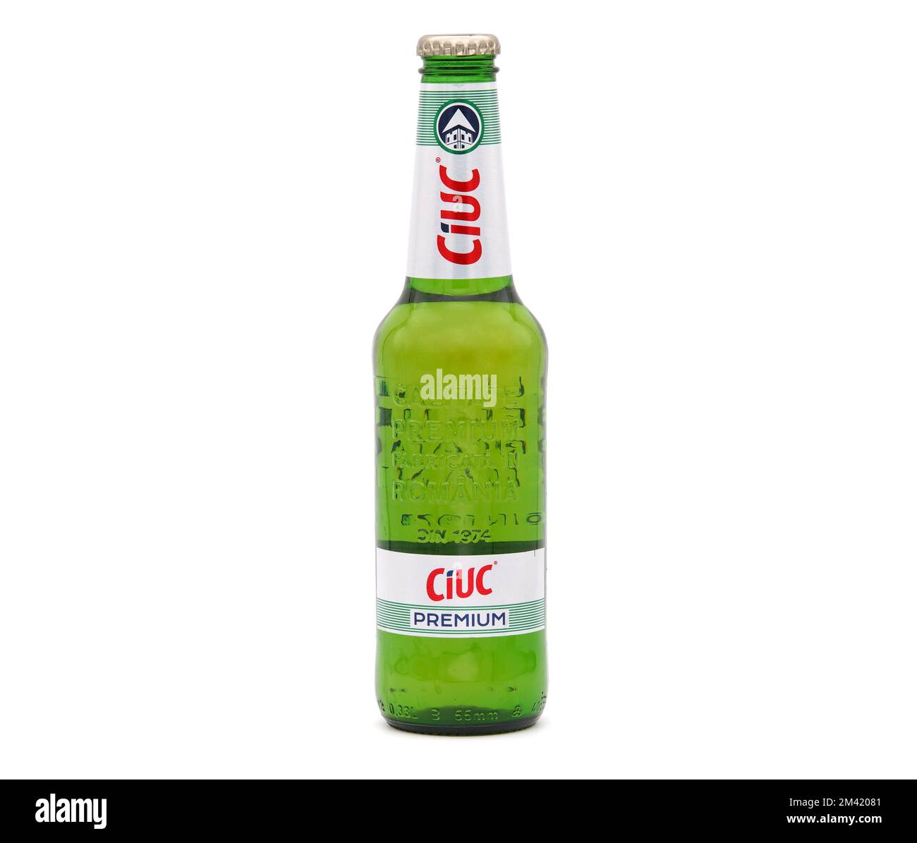 BUCHAREST, ROMANIA - FEBRUARY 25, 2020. Bottle of Ciuc Premium beer ...