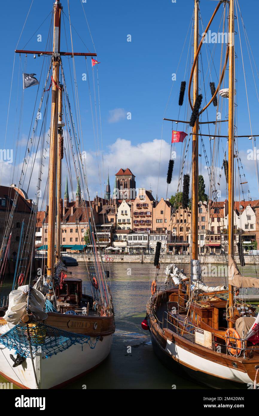City of Gdańsk in Poland, sailing yachts in river marina and view to ...
