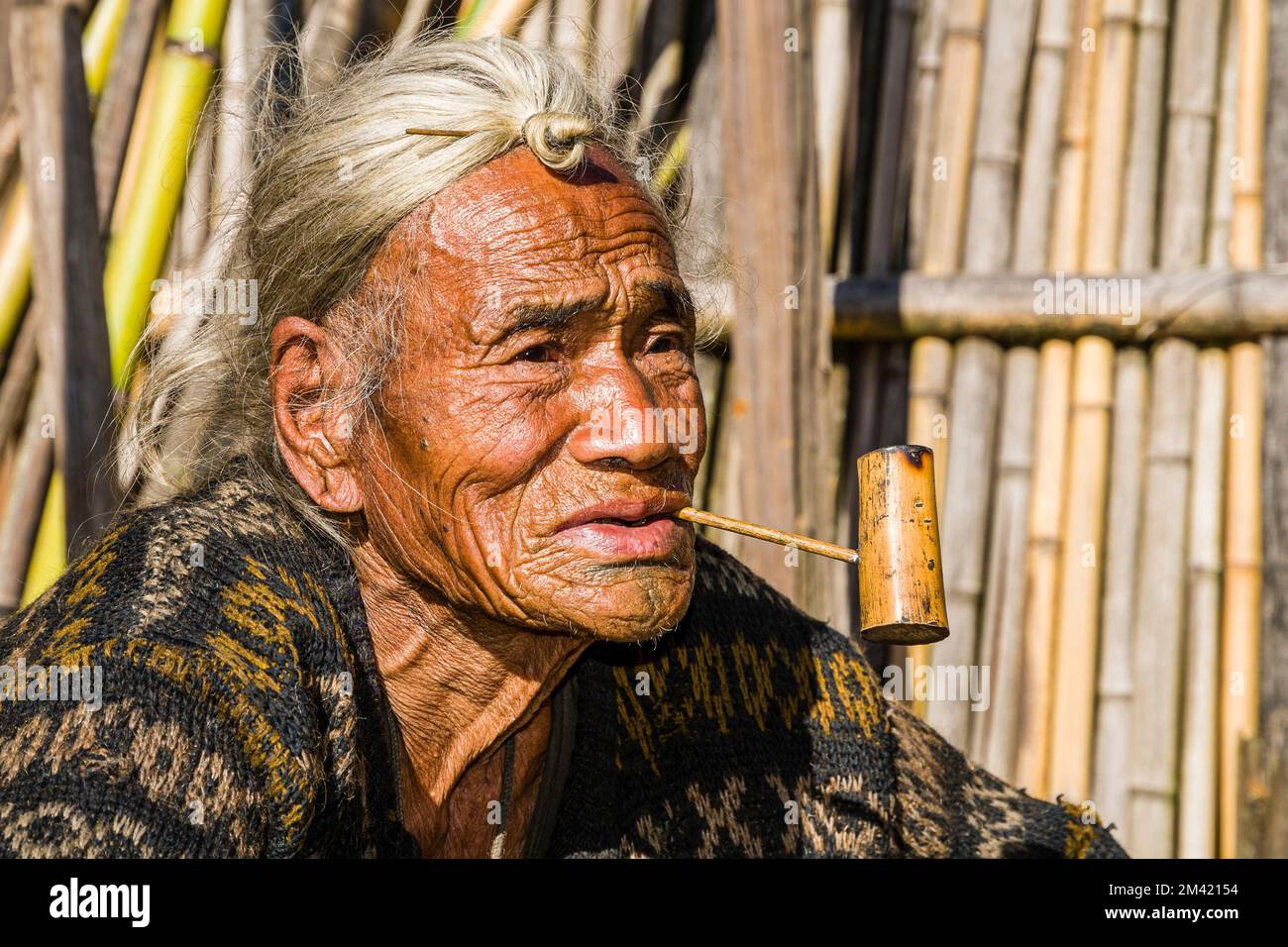 Portrait of an old Apatani man wearing the traditional hairstyle with ...