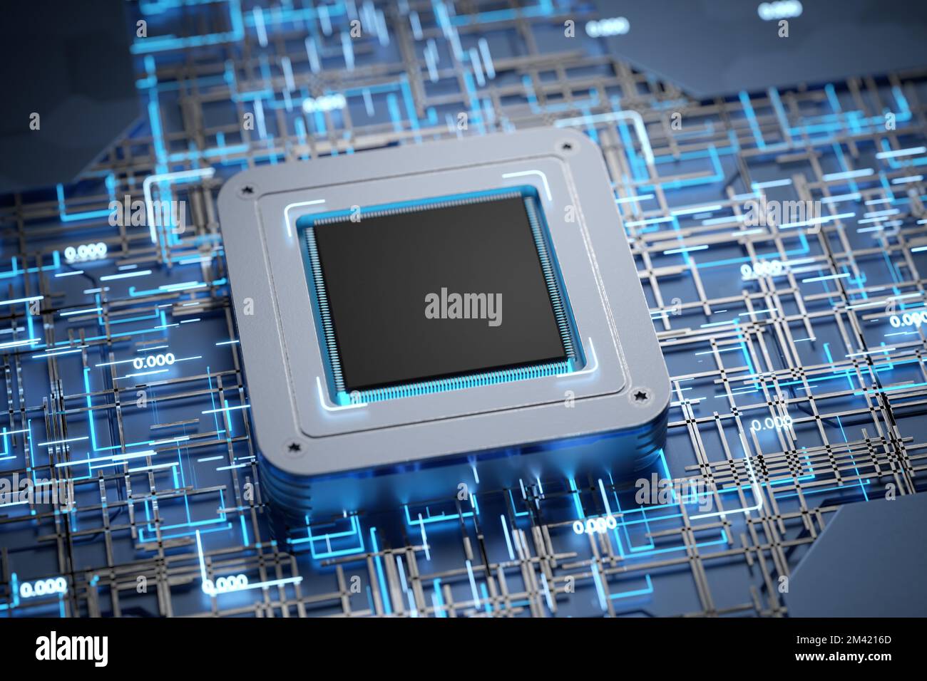 Advanced technology concept visualization: circuit board processor chip running artificial ...