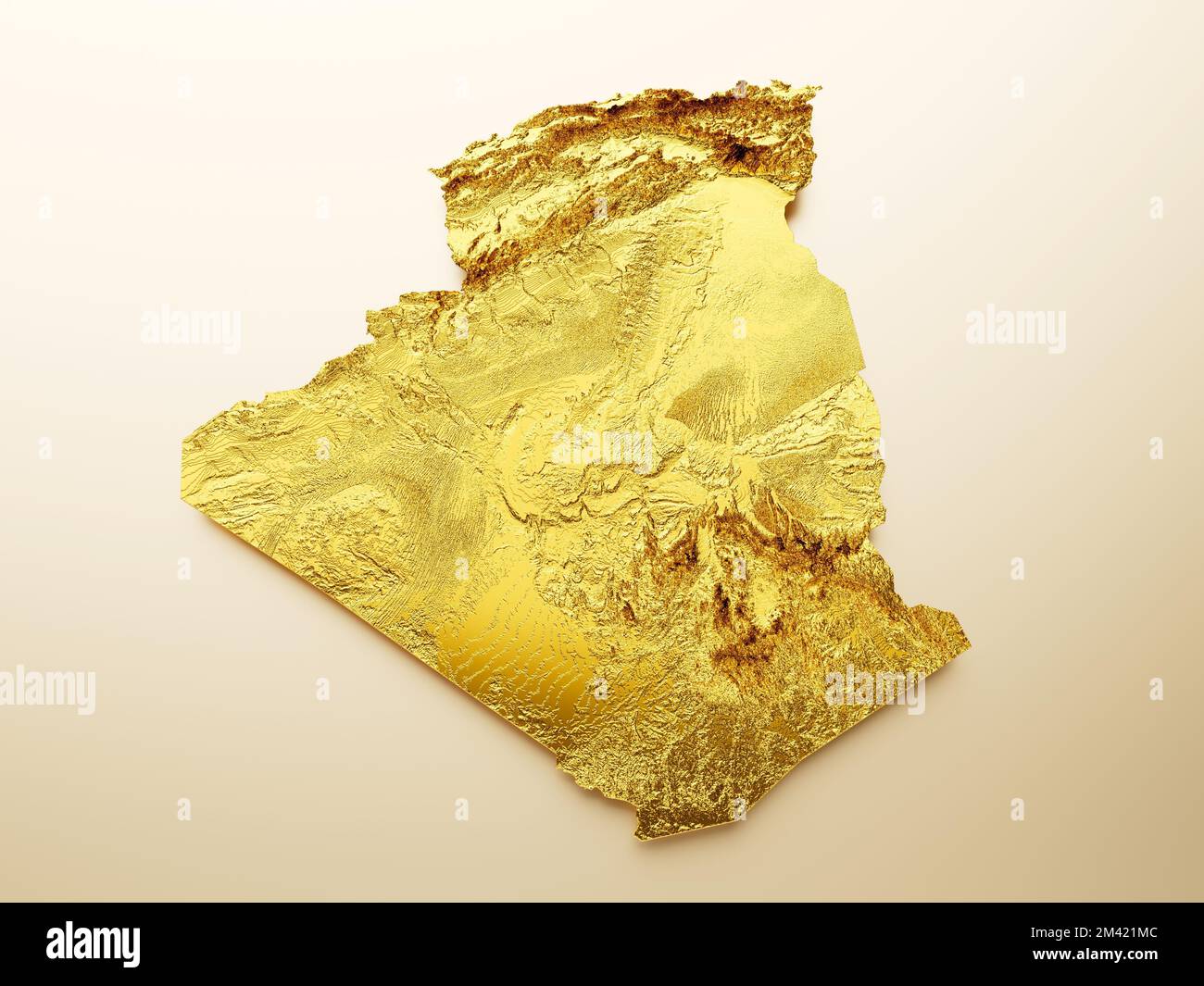 A 3D rendering of a topography map of Algeria isolated on a golden ...