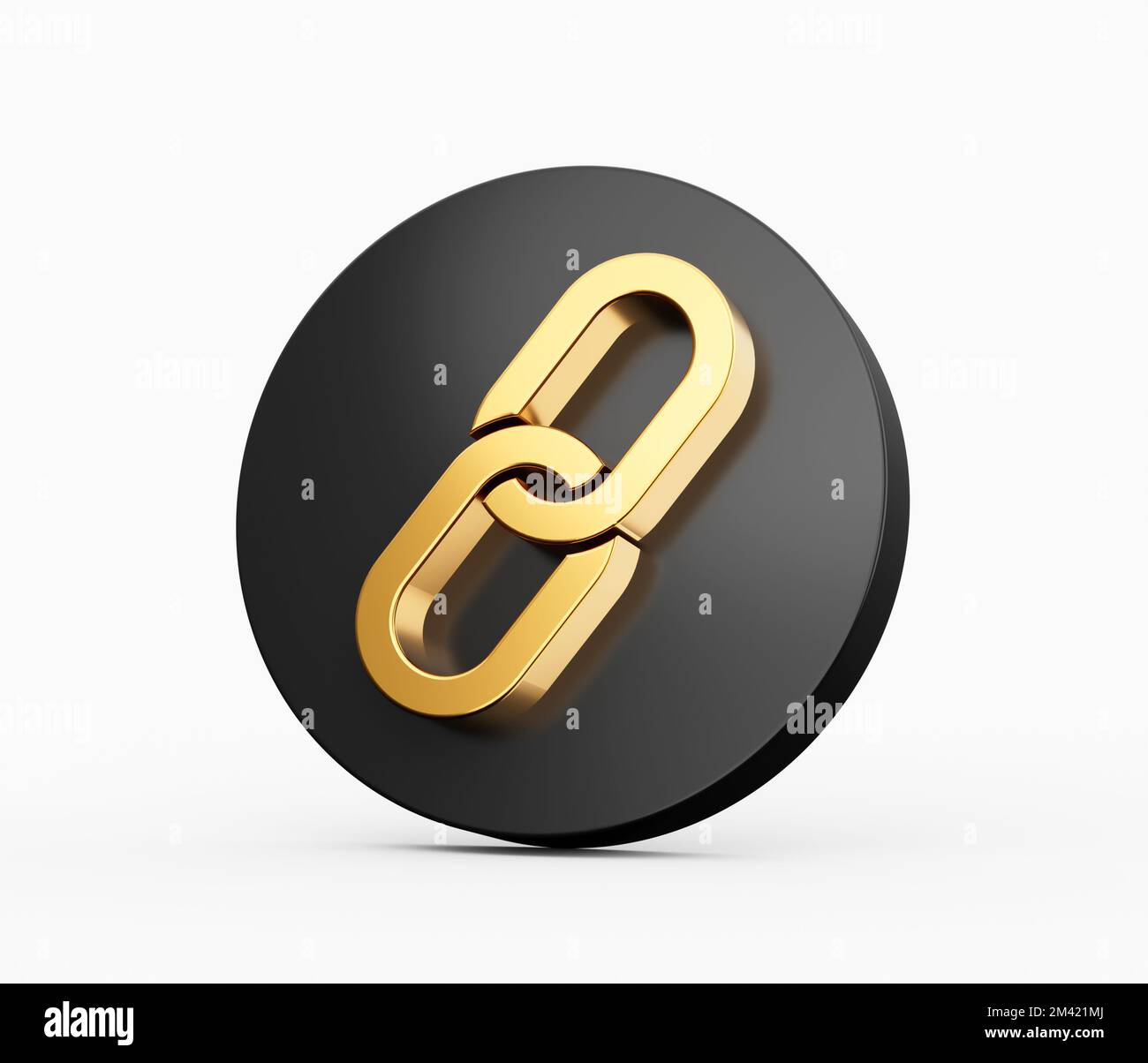 A 3D rendering of a gold chain link symbol on a black circle isolated ...