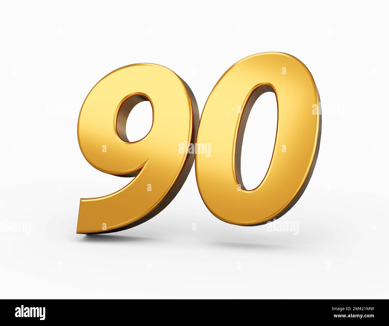 A 3D rendering of a gold number 90 with a shadow isolated on a white ...