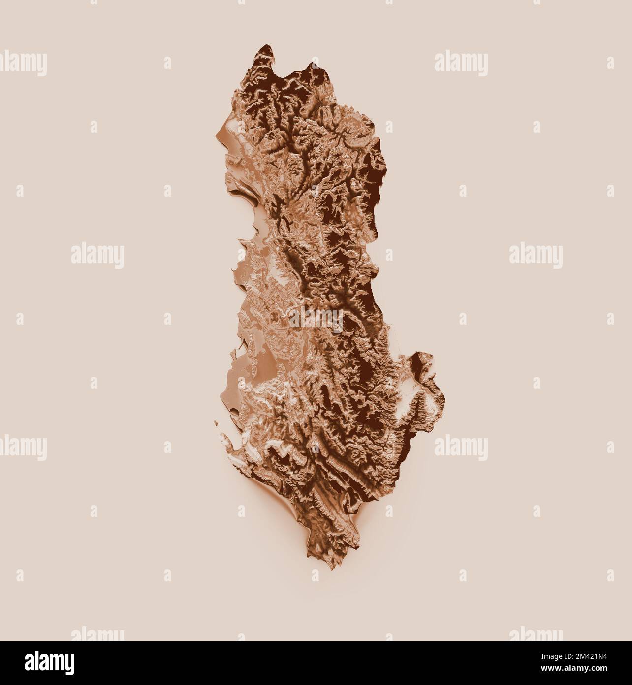A 3D rendering of a topography map of Albania isolated on a brown ...