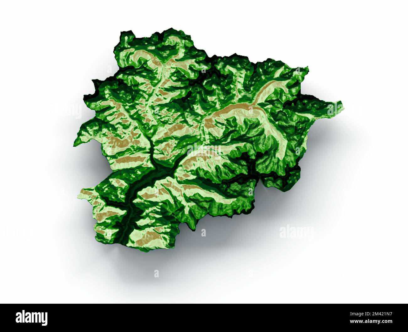 A 3D rendering of a topography map of Andorra isolated on a white ...