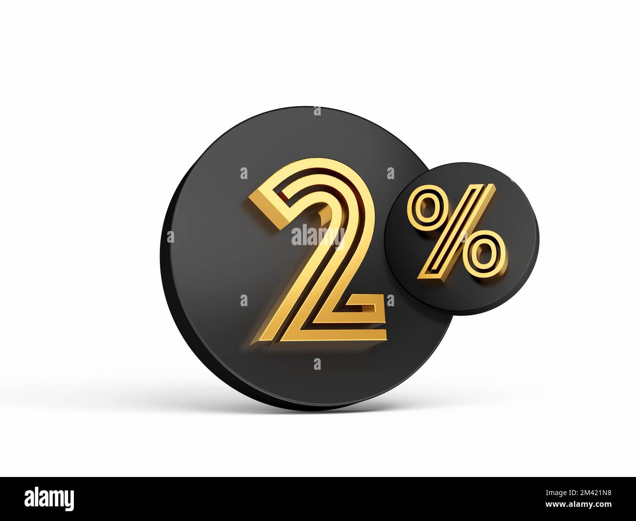 A 3D rendering of a modern 2 percent sign on black circles isolated on ...