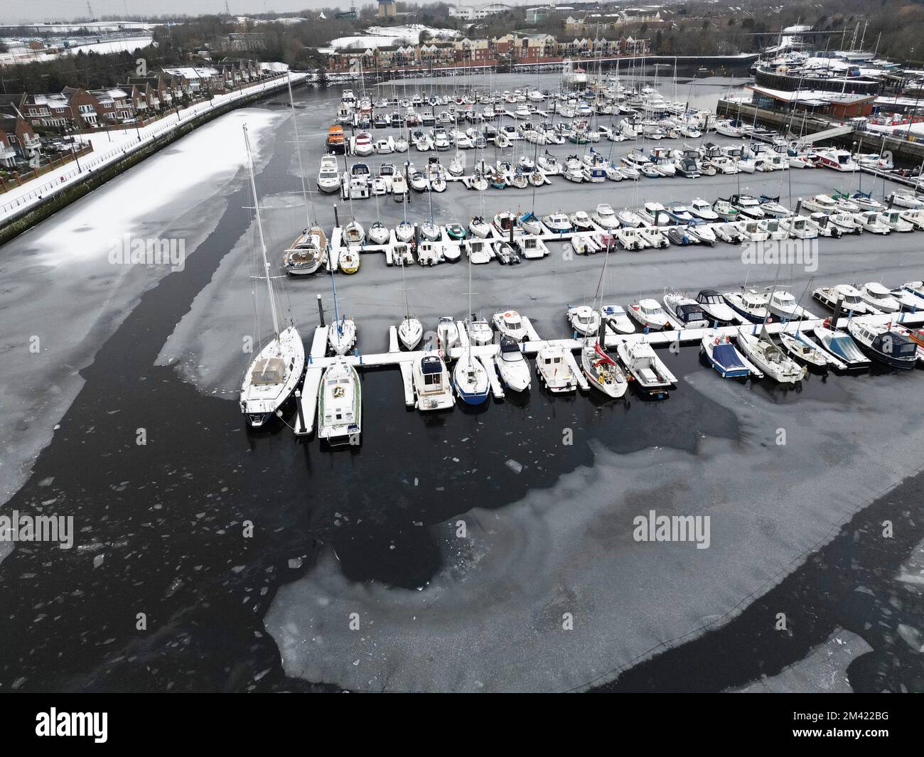 Boats in the frozen Royal Quays Marina at North Shields, North Tyneside ...