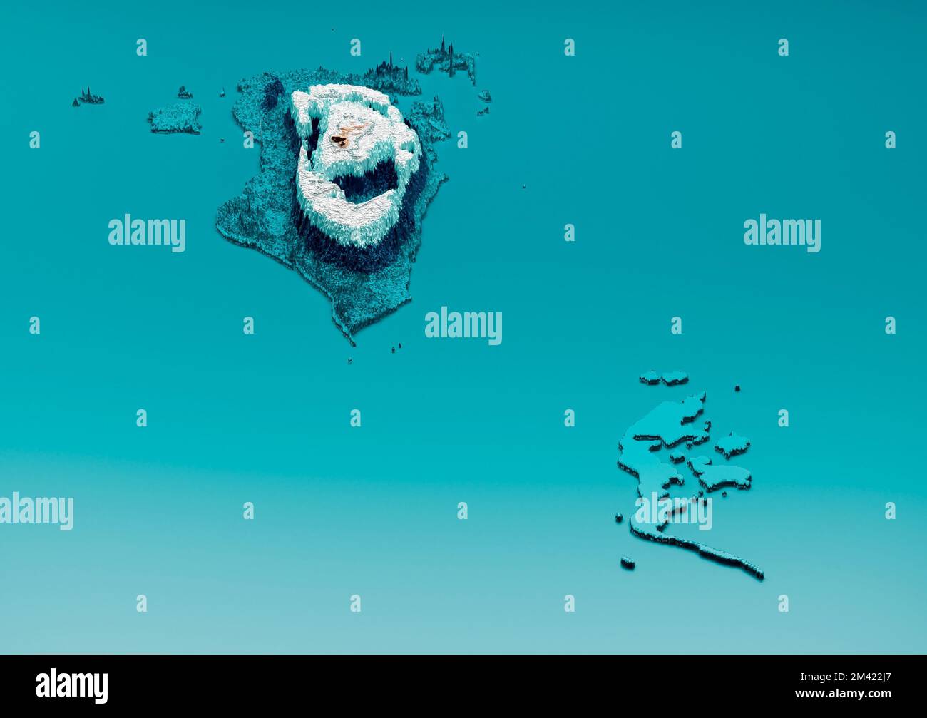 A 3D rendering of a topography map of Bahrain isolated on a blue ...