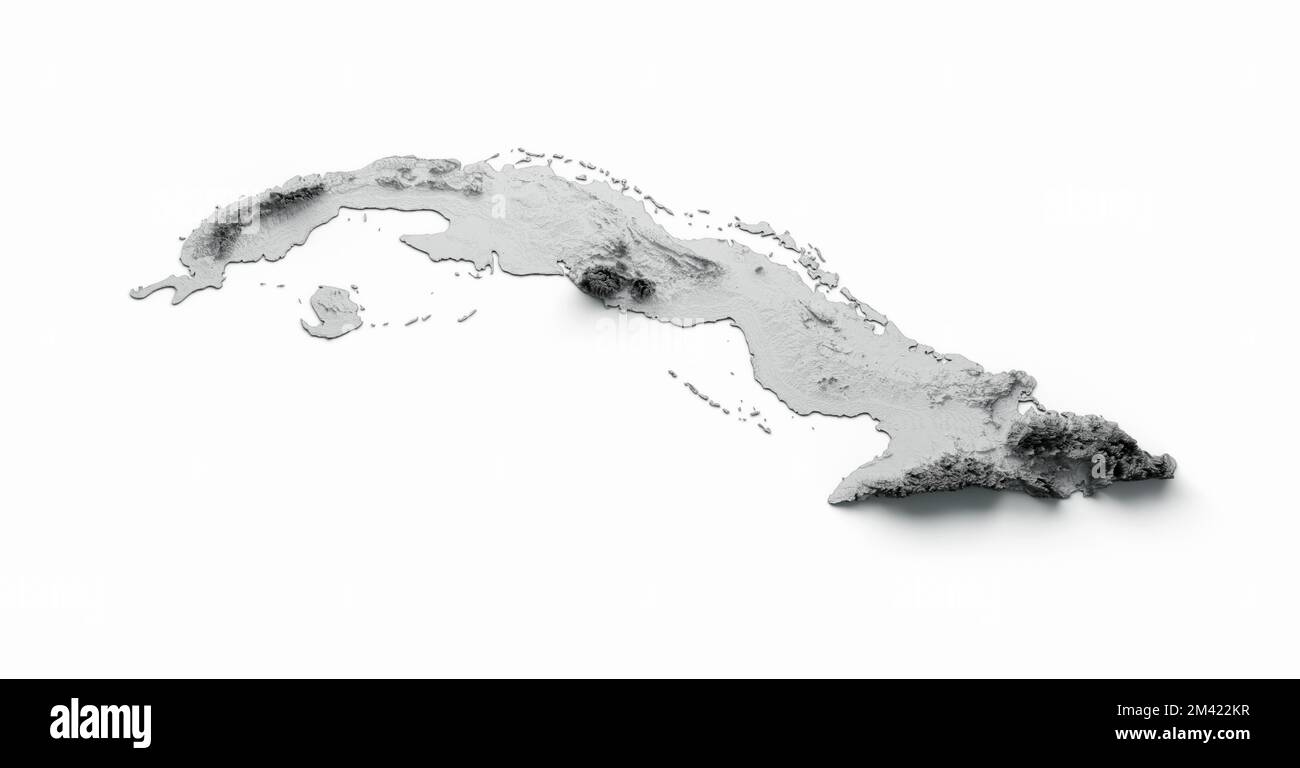 A 3D rendering of a topography map of Cuba isolated on a white ...