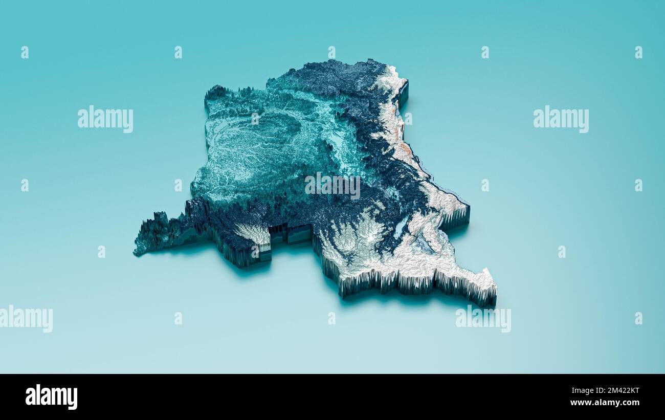 A 3D rendering of a topography map of Congo isolated on a blue gradient ...