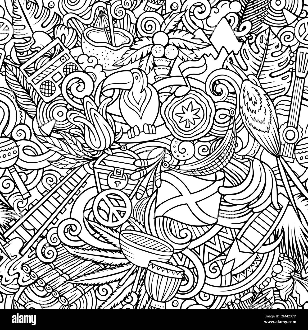 Cartoon doodles Jamaica seamless pattern. Backdrop with local Jamaican ...