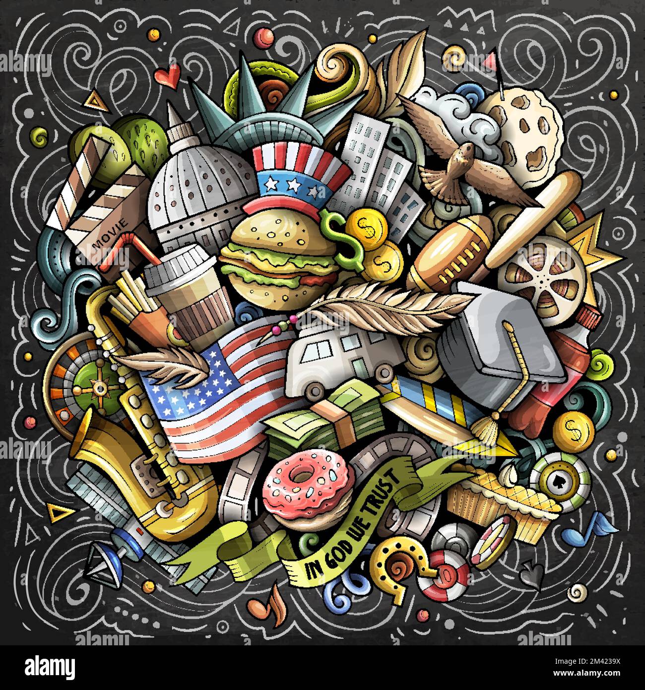 USA cartoon vector doodle chalkboard illustration. Colorful detailed ...
