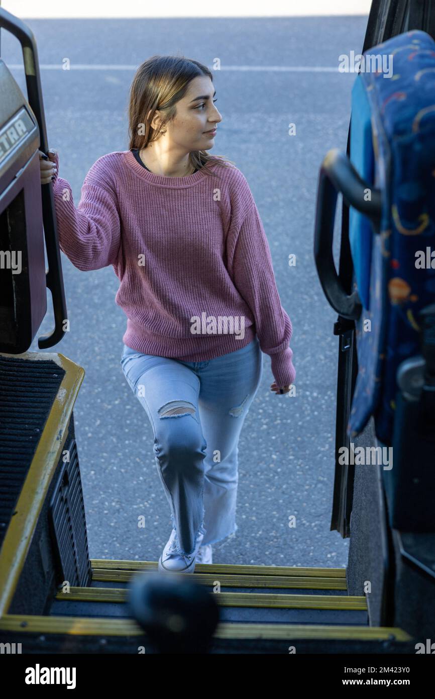 Beautiful young woman enjoying the travel on bus or train - wanderlust ...