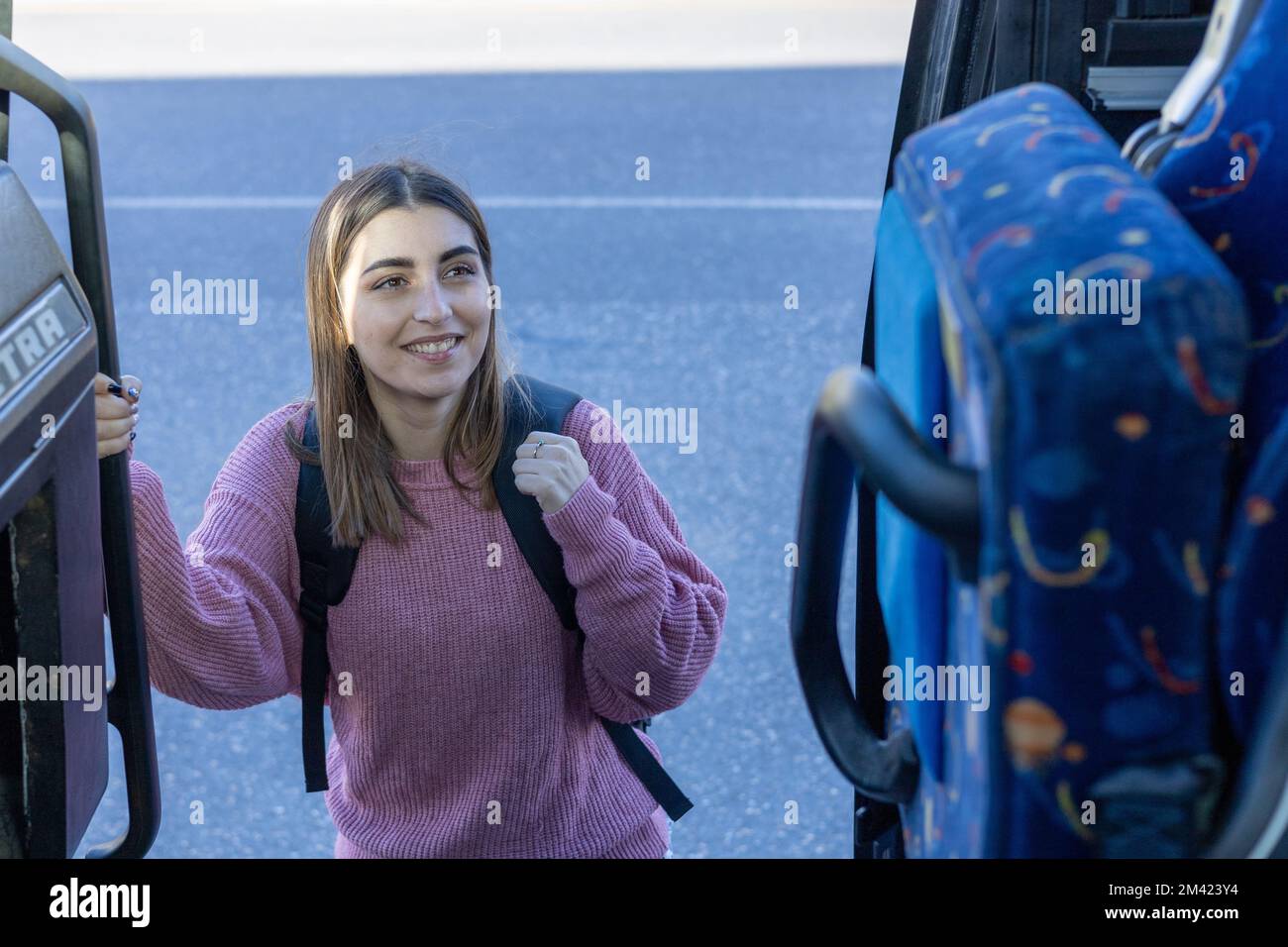 Beautiful young woman enjoying the travel on bus or train - wanderlust ...