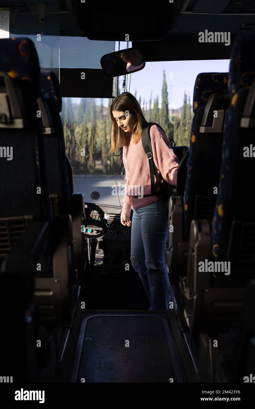 Beautiful young woman enjoying the travel on bus or train - wanderlust ...