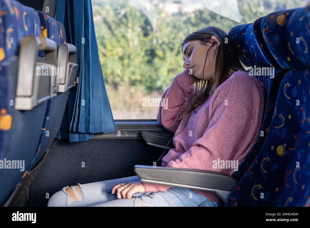 Beautiful young woman enjoying the travel on bus or train - wanderlust ...