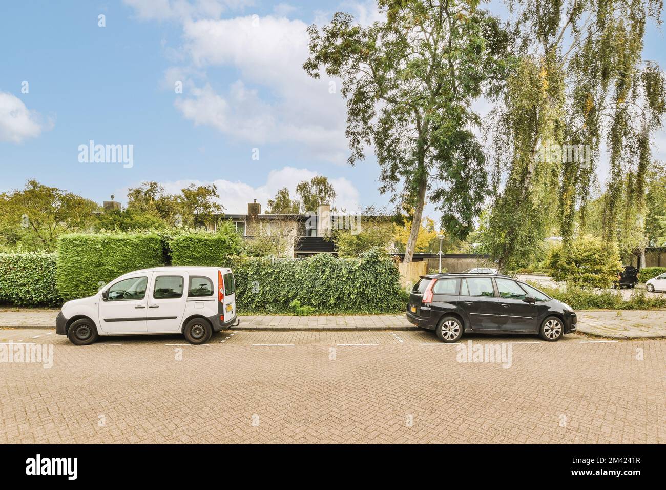 two cars parked next to each other car in a parking lot with trees and ...